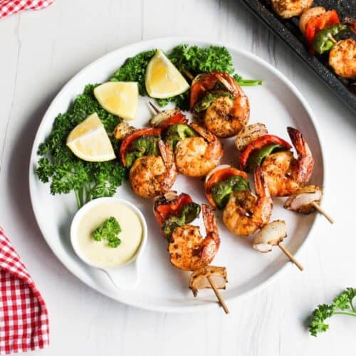Grilled Shrimp Skewers (Air Fryer or Grill) | Little Bit Recipes