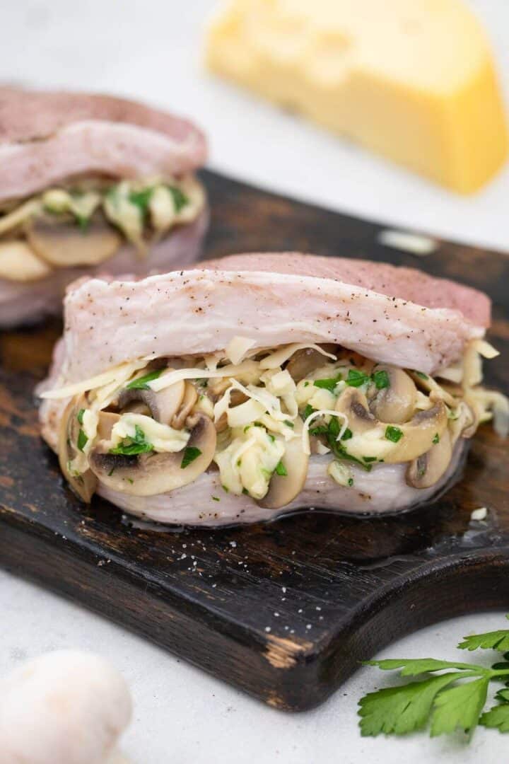Baked Stuffed Pork Chops with Mushrooms and Cheese | Little Bit Recipes