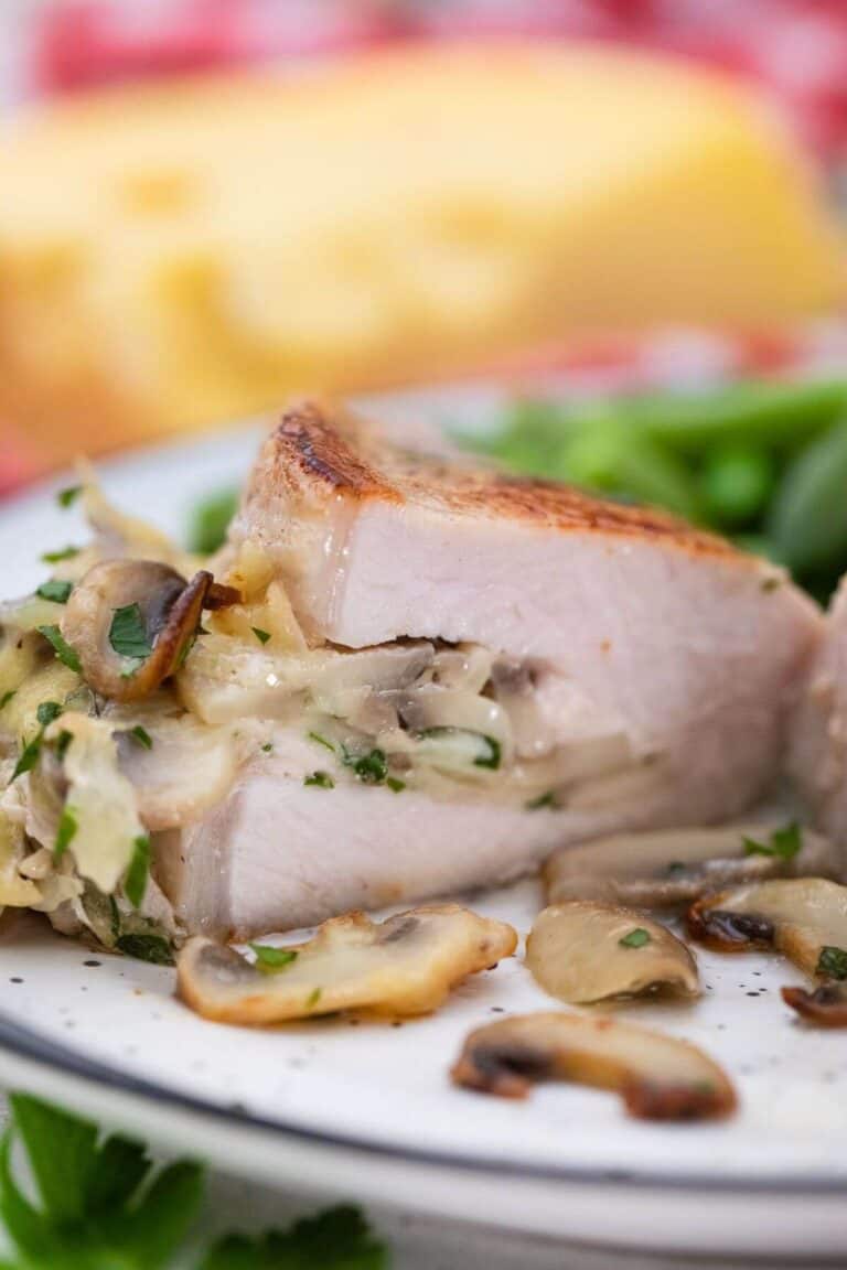 Baked Stuffed Pork Chops with Mushrooms and Cheese | Little Bit Recipes
