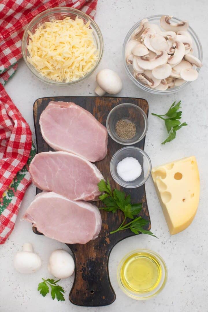 Baked Stuffed Pork Chops with Mushrooms and Cheese | Little Bit Recipes